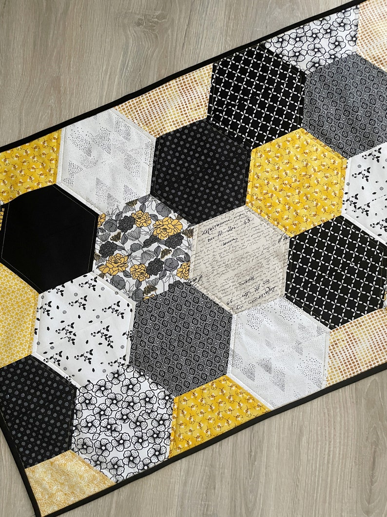 Handmade Modern Quilted Table Runner in Black, Yellow, and White Hexagons - Etsy