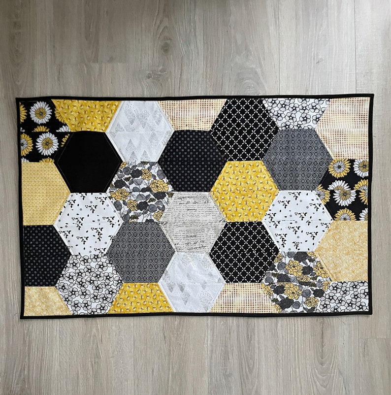Handmade Modern Quilted Table Runner in Black, Yellow, and White Hexagons - Etsy