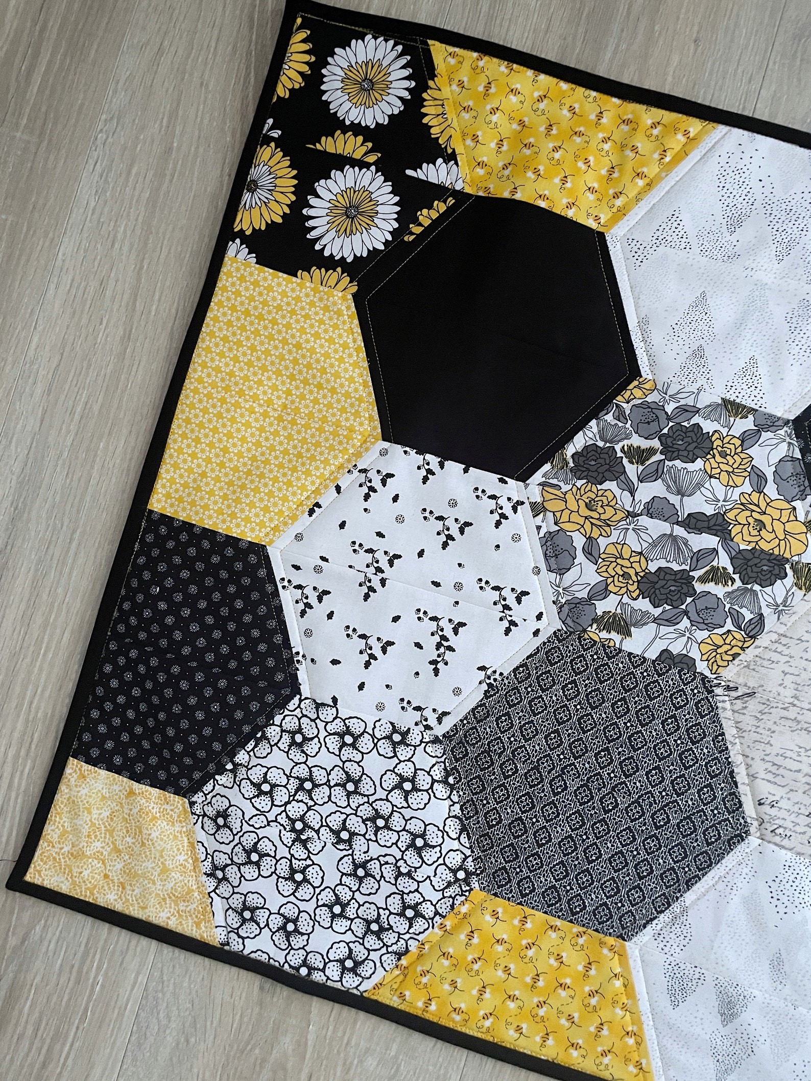 Handmade Modern Quilted Table Runner in Black, Yellow, and White Hexagons - Etsy