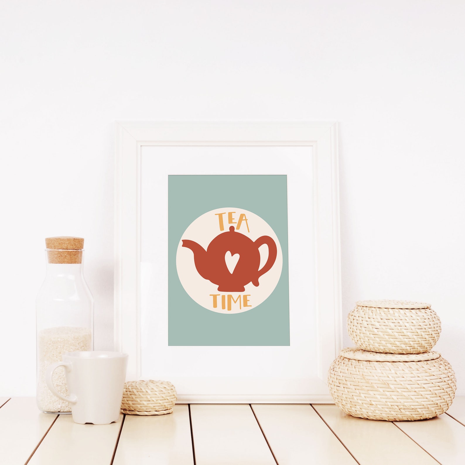 Tea Time Modern Boho Print, Red Tea Kettle Wall Art, Kitchen Printable ...