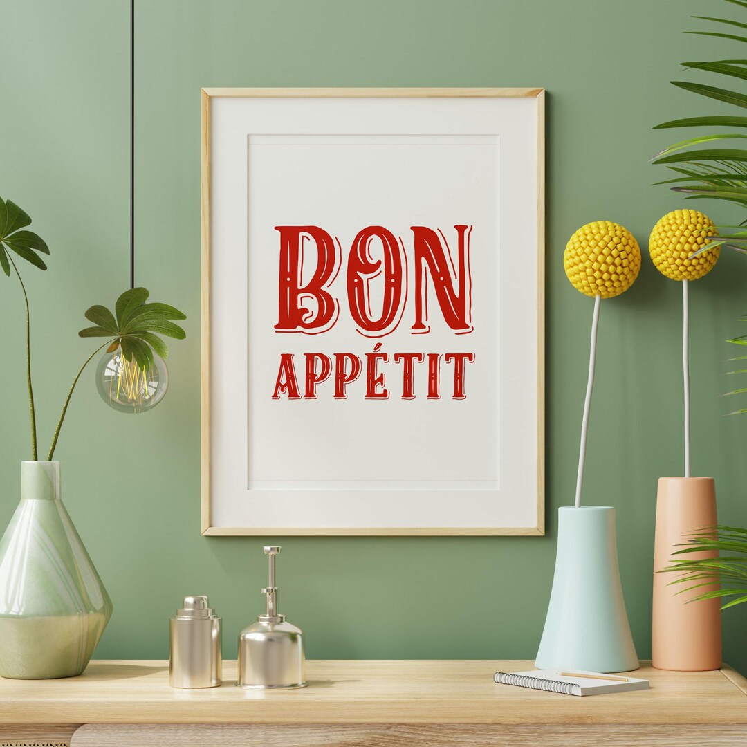 Bon Appetit Print, Retro Kitchen Poster, Red Restaurant Wall Art ...