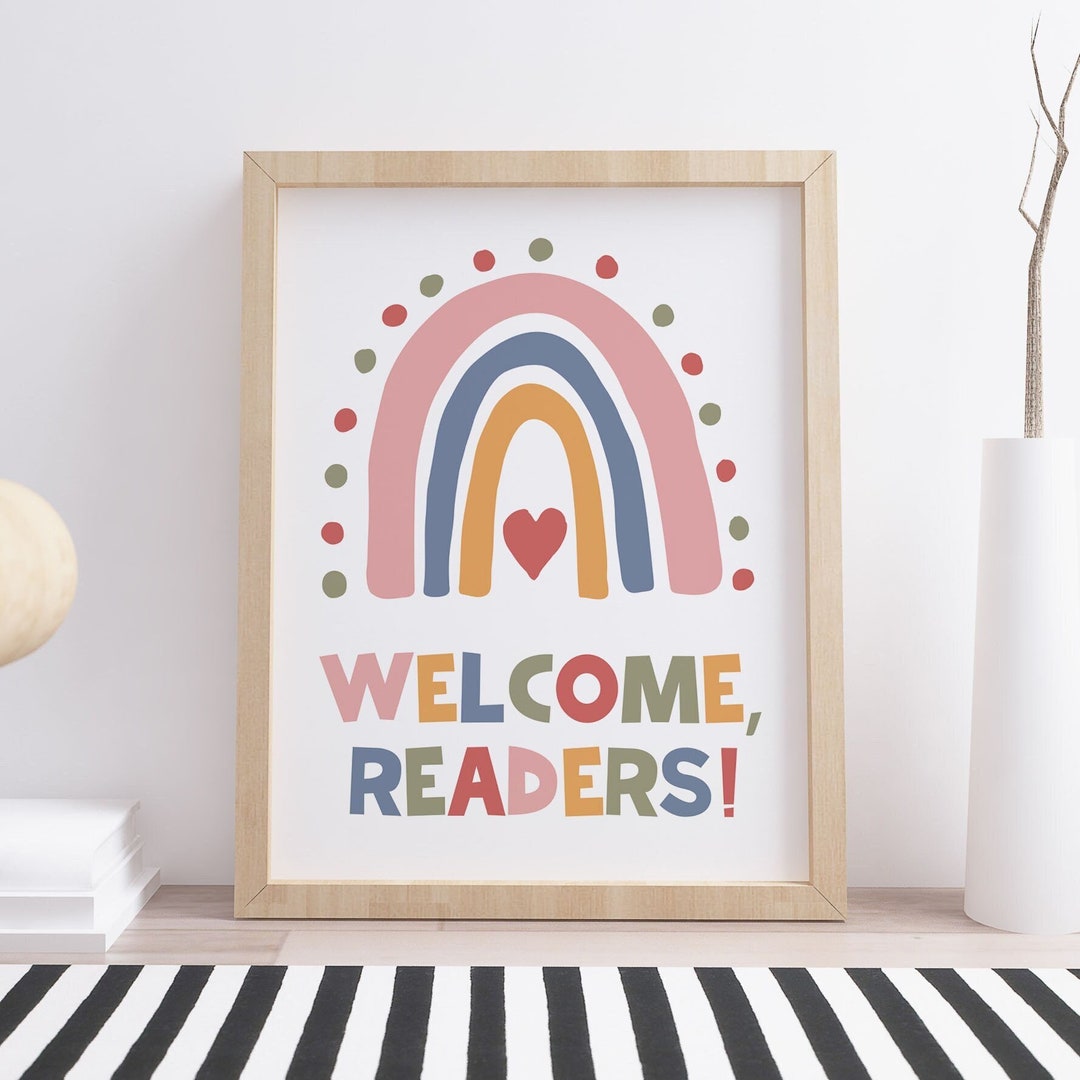 Welcome Readers Print, Reading Corner Rainbow Poster, Boho Classroom ...