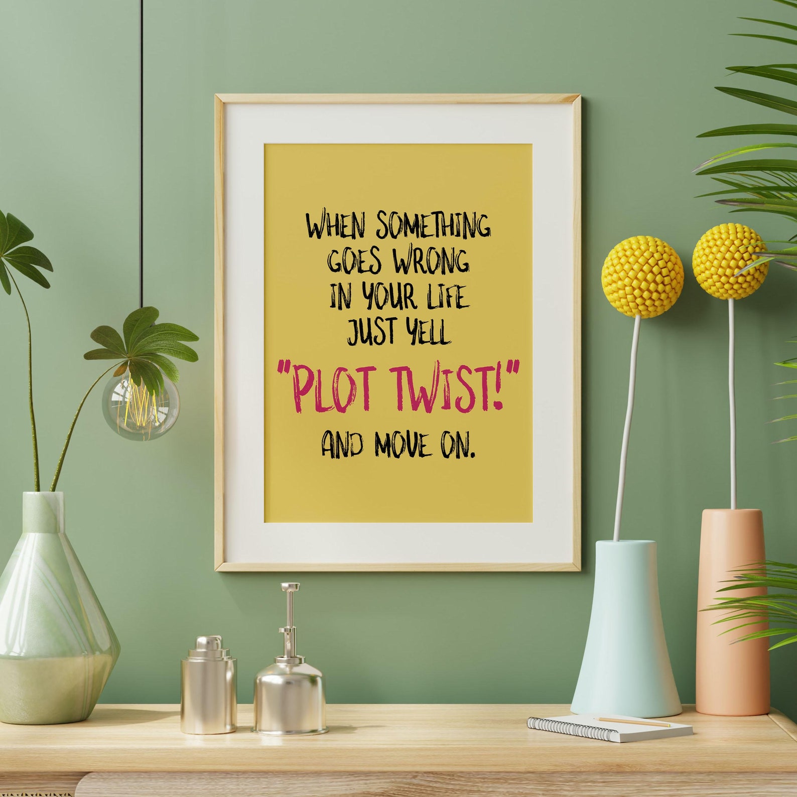 Just Yell Plot Twist Print, Dorm Room Poster, Trendy Pink Yellow Printable Art, Dopamine Decor ...