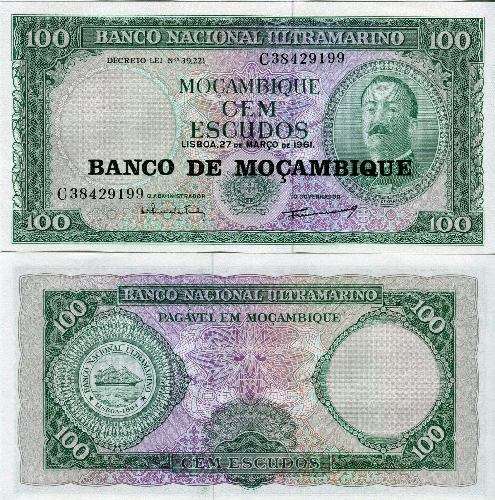 Mozambique Banknote 500 100 Escudos 1967 1961 Mozambique Banknote Paper ...
