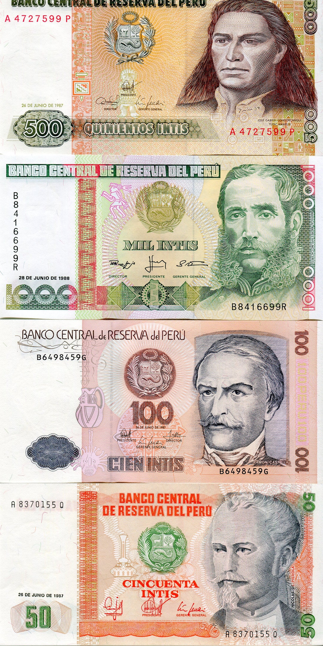 Peru Banknotes 1000 500 100 50 Intis 1987 Lot 4 Banknotes Paper Money ...