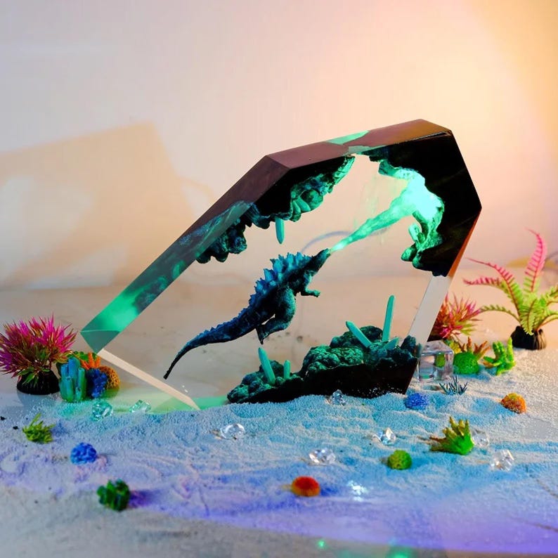 Godzilla Resin Art Lamp | Kaiju Diorama Light | Handmade Anime Desk ...