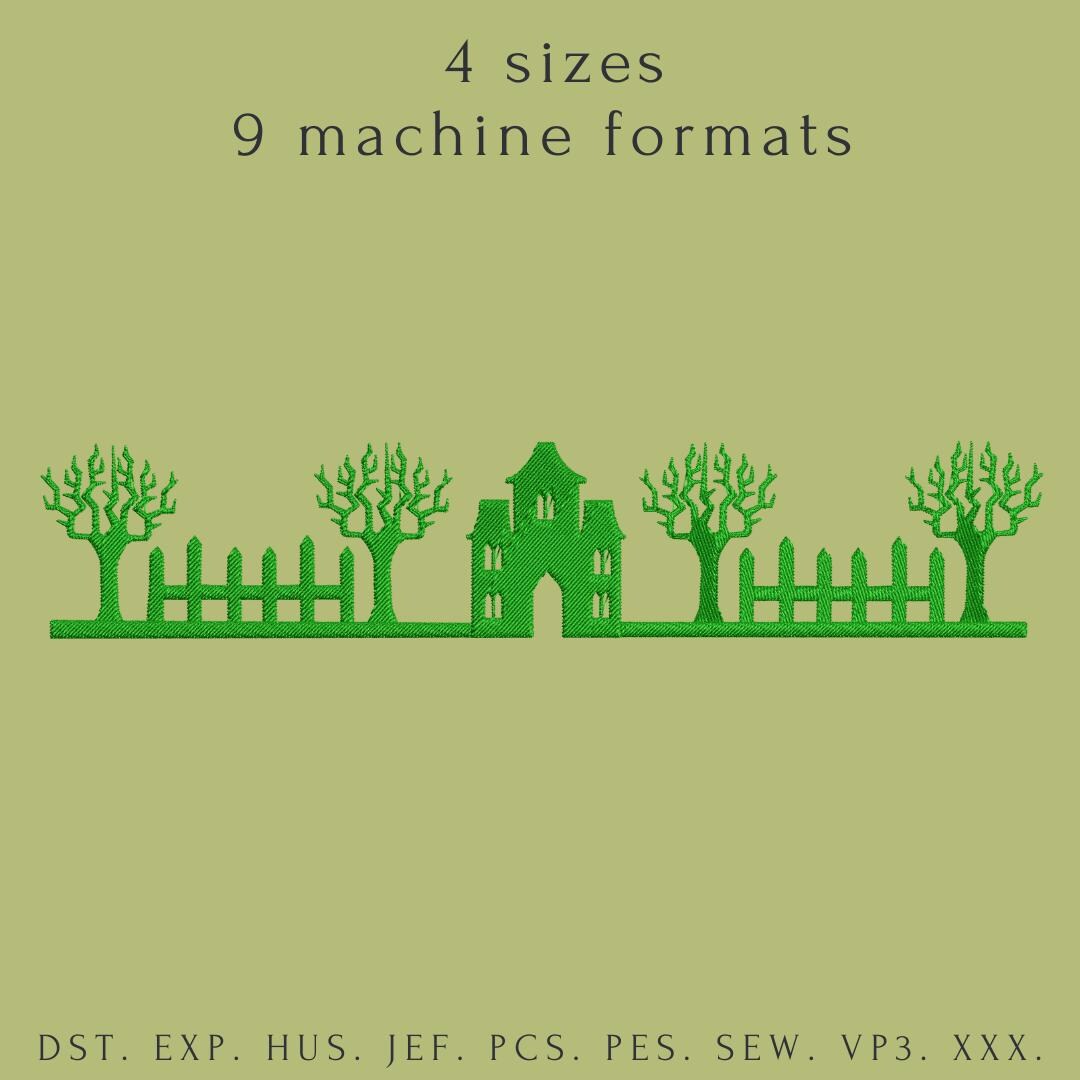Haunted House Border Embroidery – Spooky Halloween Fence Trees ...