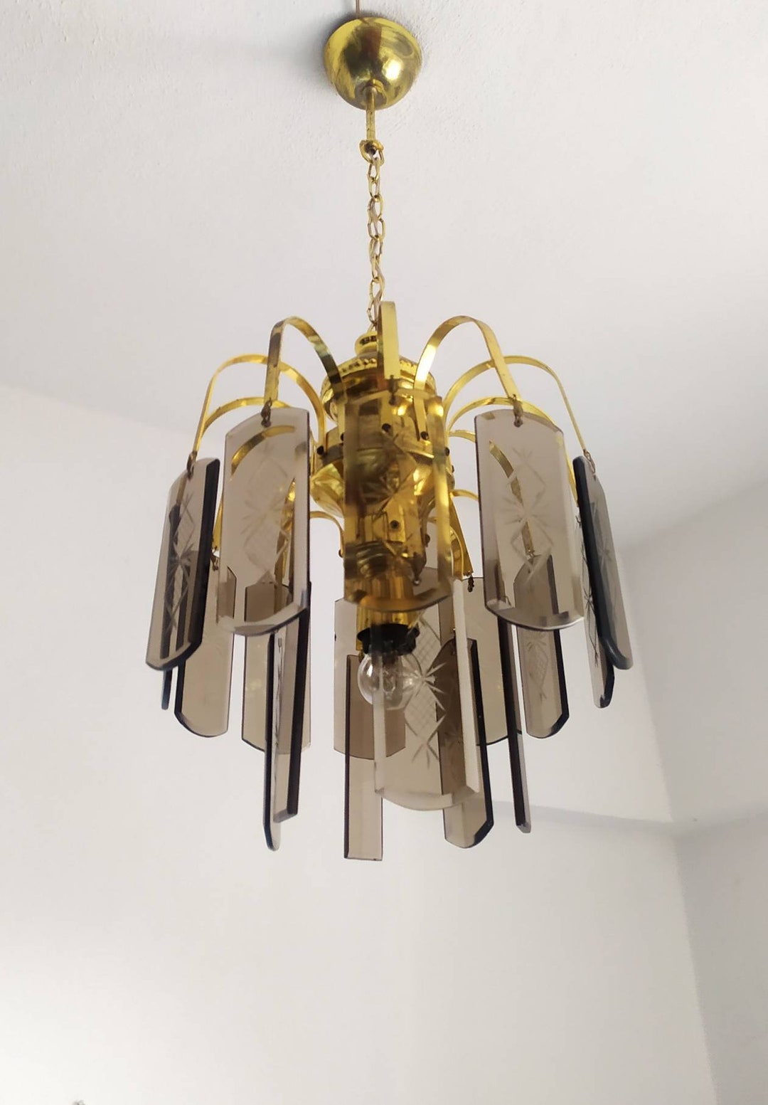 Vintage Art Deco Retro 80s Ceiling Hall Light Glass Crystal Chandelier ...