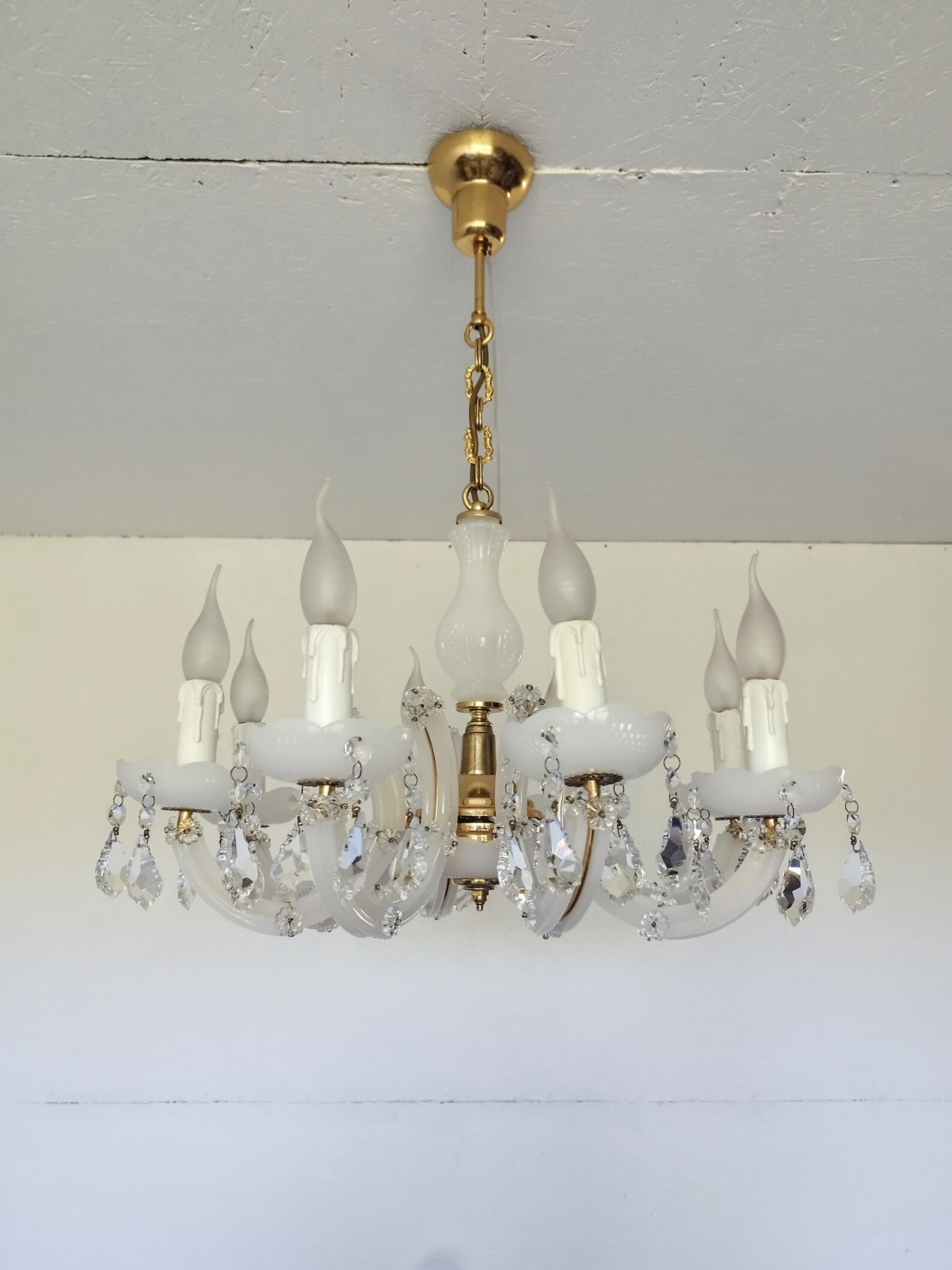 Vintage Maria Theresa Chandelier White Milk Glass Rococo Crystal ...