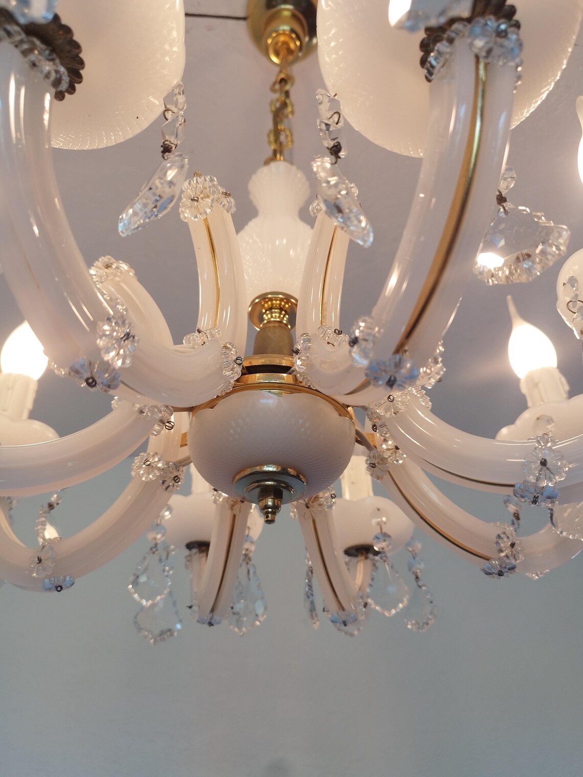 Vintage Maria Theresa Chandelier White Milk Glass Rococo Crystal ...