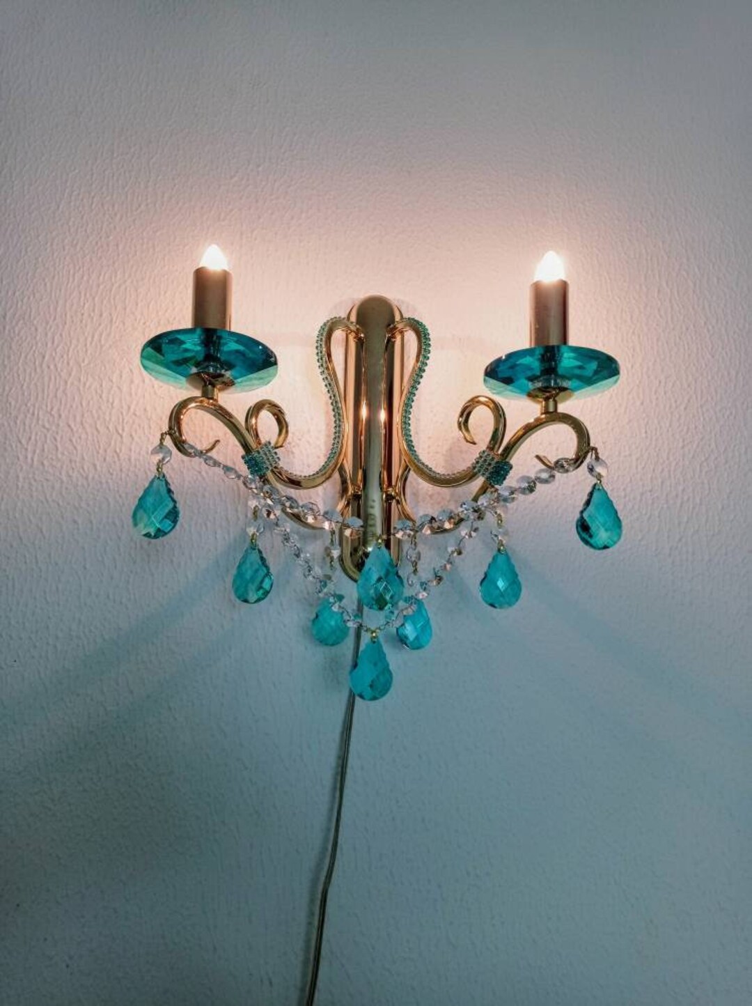 Vintage Single Crystal Gold Wall Light Blue Colored Scones Bathroom ...