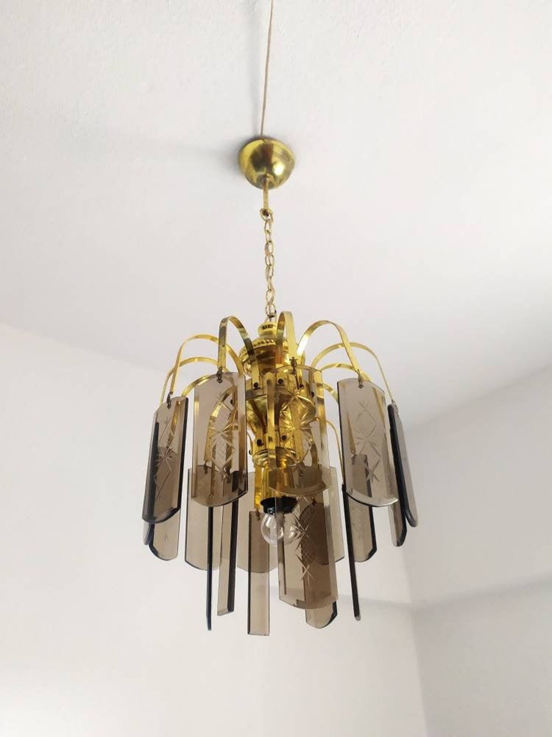 Vintage Art Deco Retro 80s Ceiling Hall Light Glass Crystal Chandelier ...