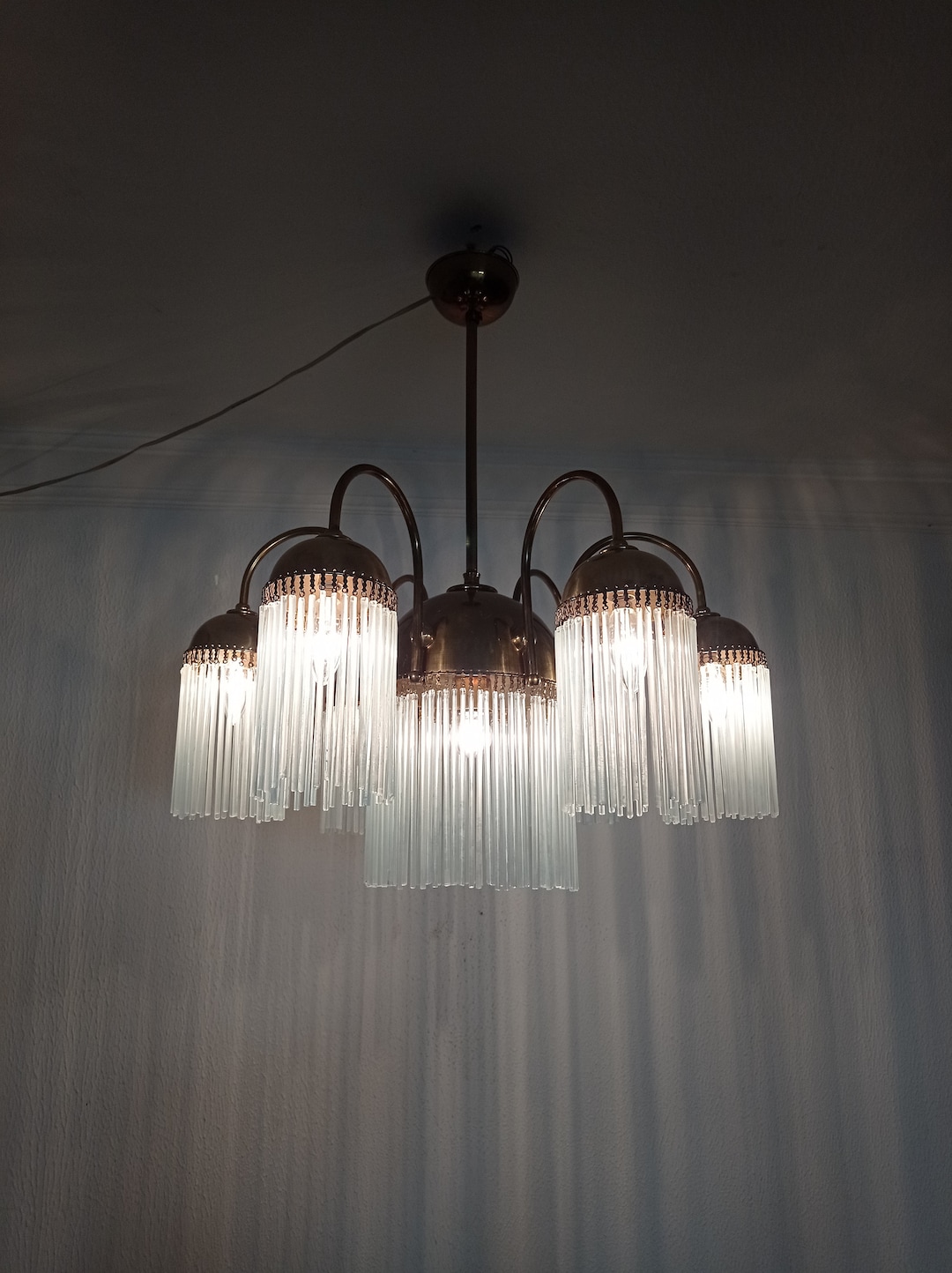Art Deco Retro 60s Brass Ceiling Pendant Light Vintage Blue Colored ...