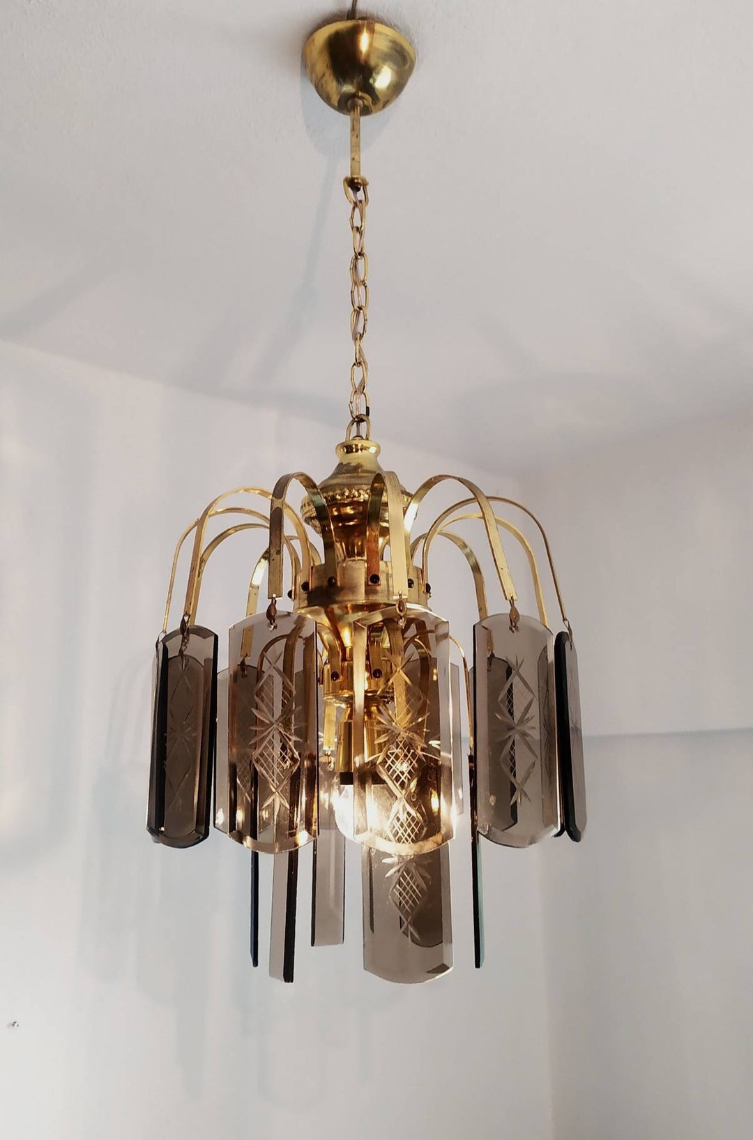 Vintage Art Deco Retro 80s Ceiling Hall Light Glass Crystal Chandelier ...