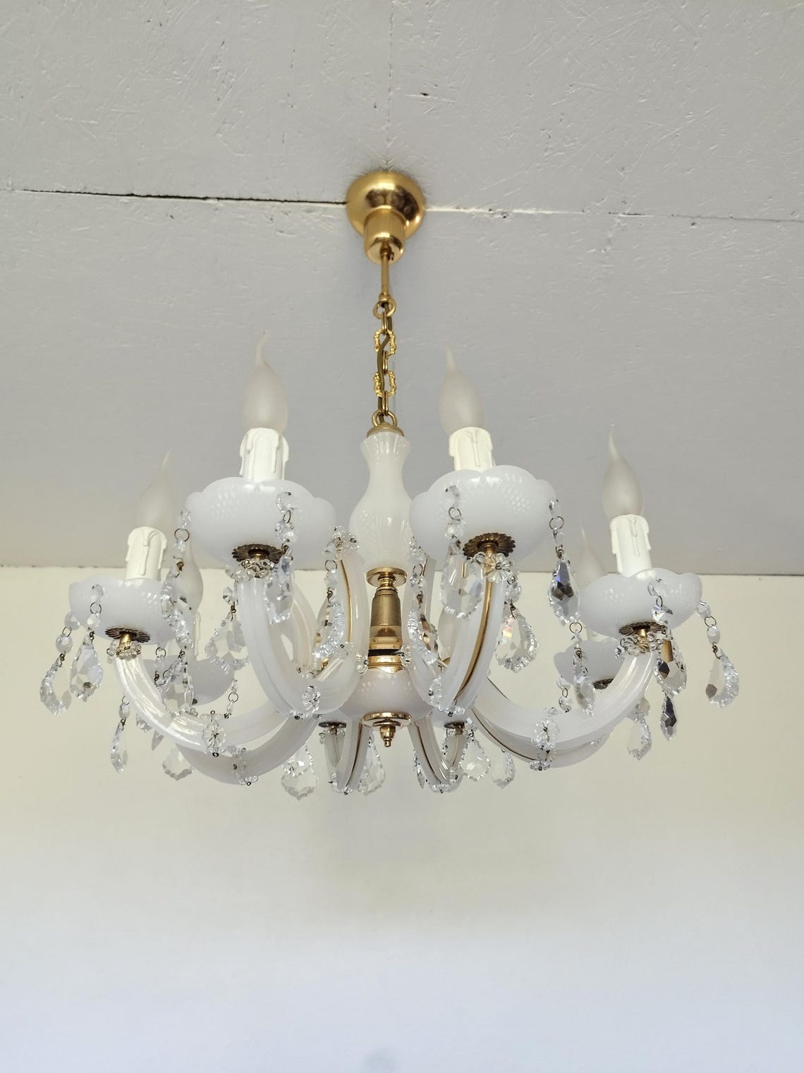 Vintage Maria Theresa Chandelier White Milk Glass Rococo Crystal ...