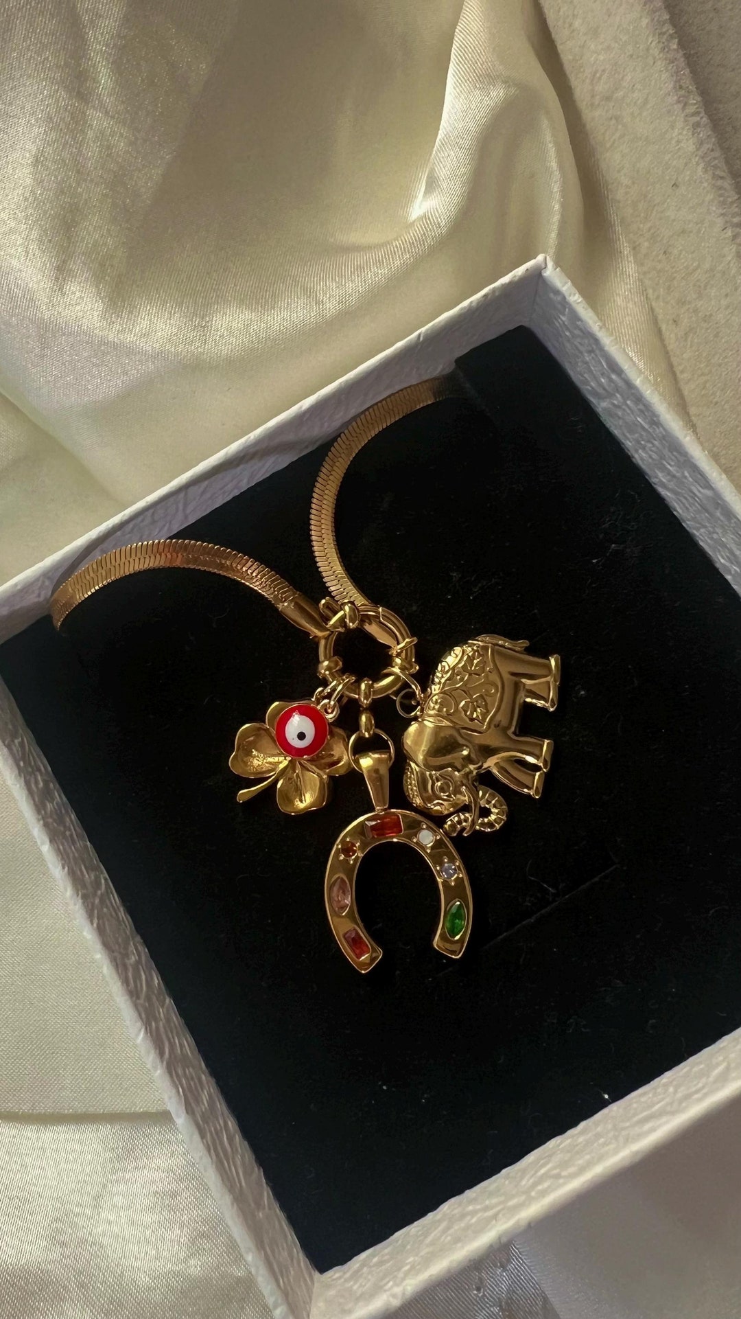 Protection Good Luck Horseshoe Gemstone & Evil Eye Talisman Four Leaf ...