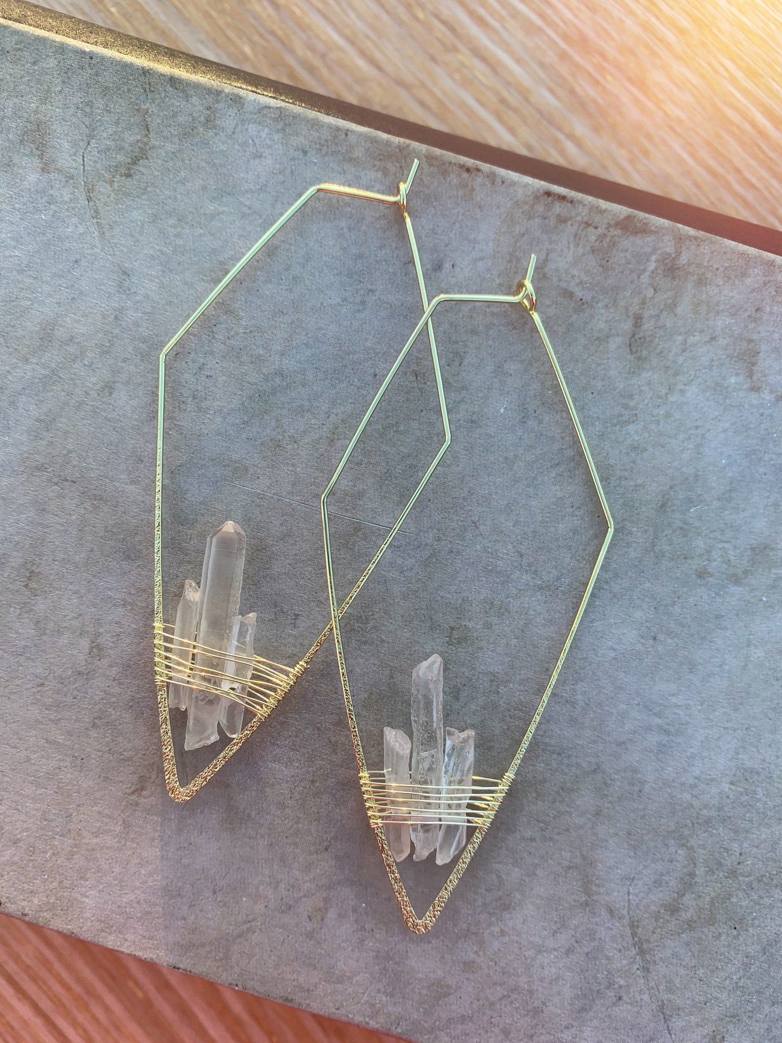 Geometric Raw Crystal Quartz Copper Wire Wrapped Gold Silver Hoops ...