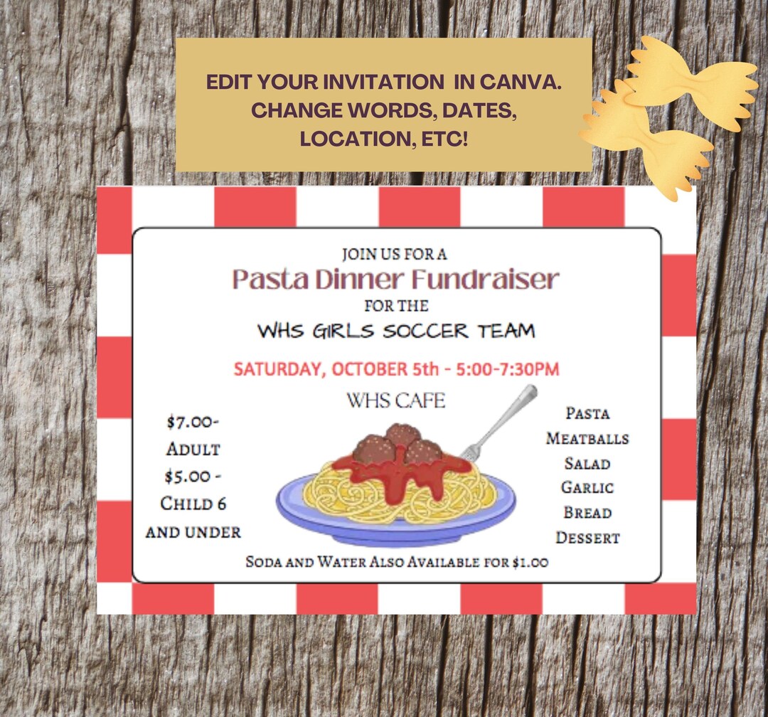 EDITABLE PASTA DINNER Fundraiser Template Party Invitation Fundraise ...