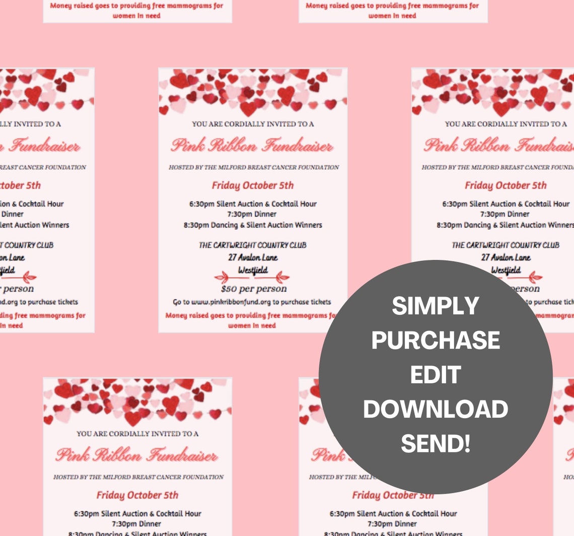 EDITABLE PINK RIBBON Fundraiser Template Invitation | Instant Download ...