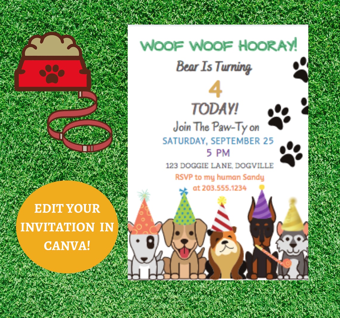Invitation MODIFIABLE D'ANNIVERSAIRE DE CHIEN | Téléchargez en quelques ...