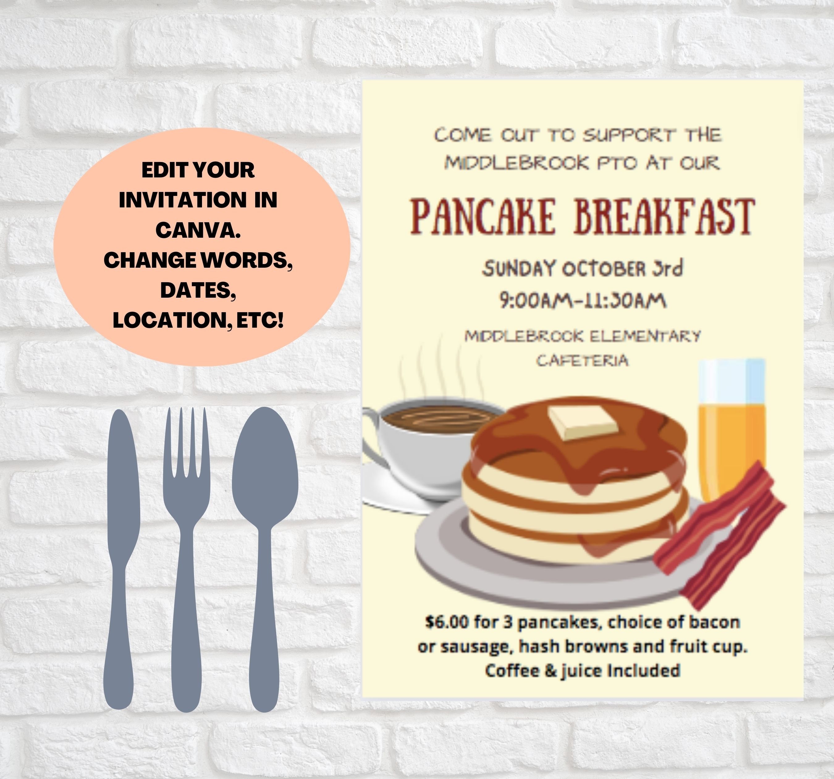 EDITABLE PANCAKE BREAKFAST Fundraiser Template | Pto Invitation ...