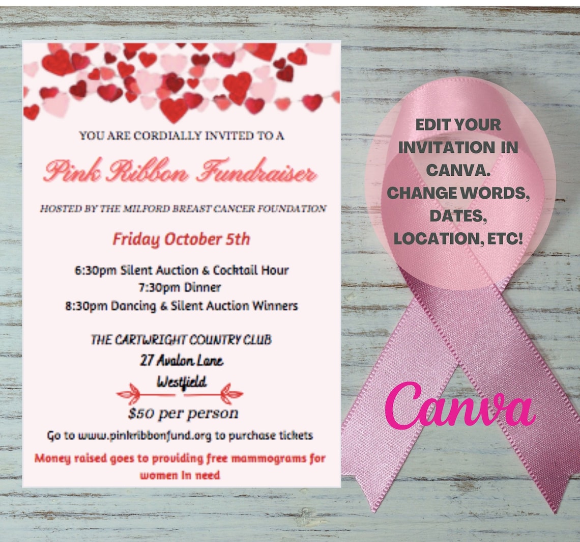 EDITABLE PINK RIBBON Fundraiser Template Invitation | Instant Download ...