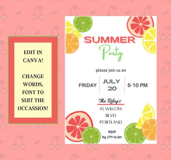 EDITABLE SUMMER PARTY Template Party Invitation Customize - Etsy