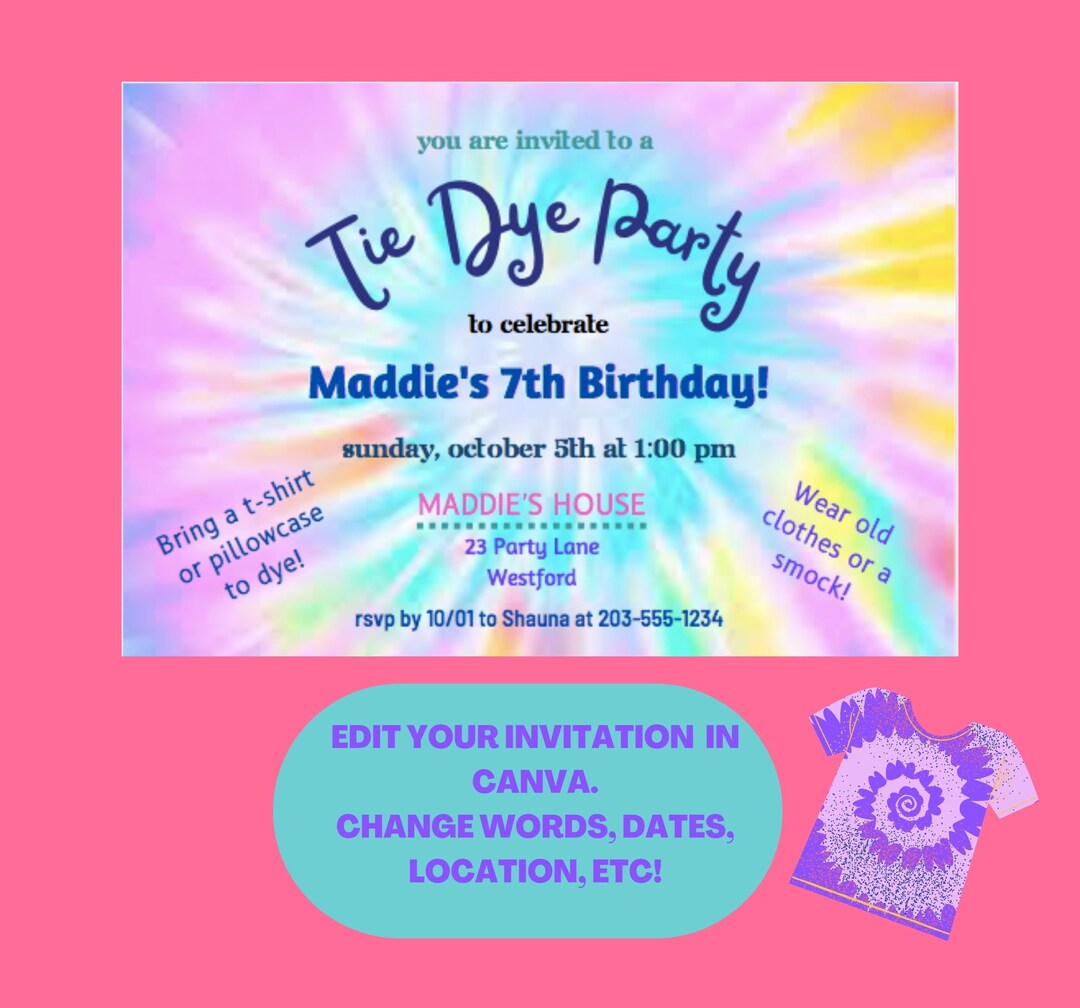 EDITABLE TIE DYE Birthday Invitation | Download | Edit in Canva ...