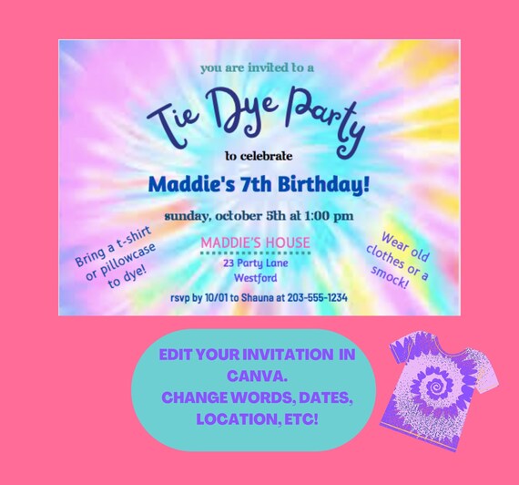 EDITABLE TIE DYE Birthday Invitation Download Edit in - Etsy