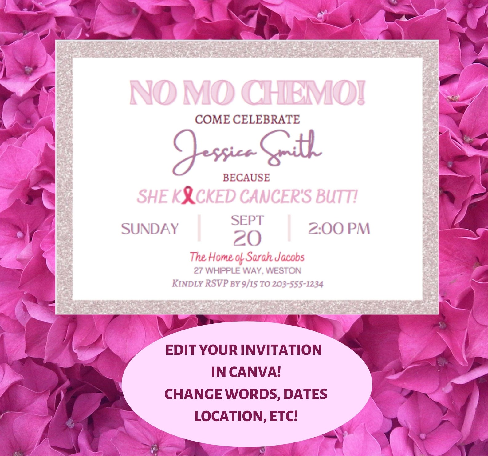 Editable CANCER FREE Party Invitation Template | No Mo Chemo | She Beat ...
