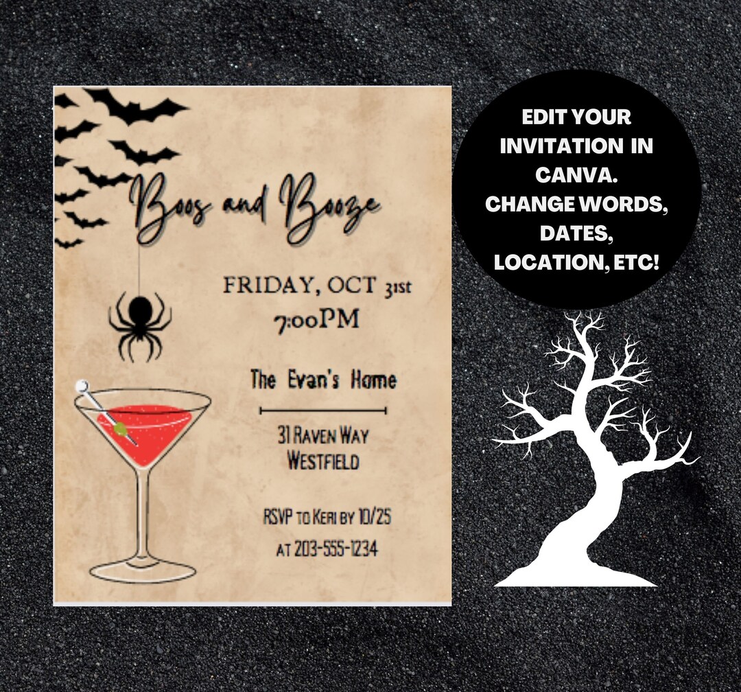 EDITABLE BOOS and BOOZE Halloween Party Invitation! | Canva Template ...