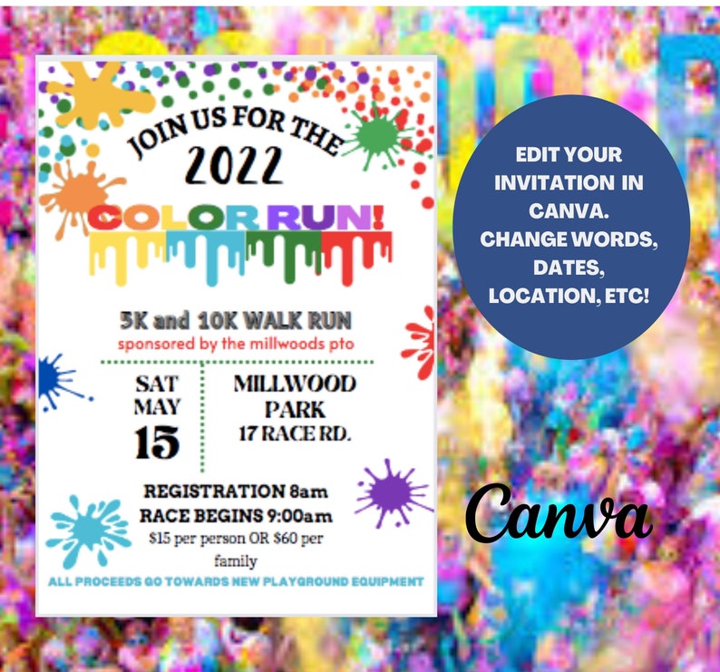 EDITABLE COLOR RUN Fundraiser Invite | Charity Run | Digital Download ...