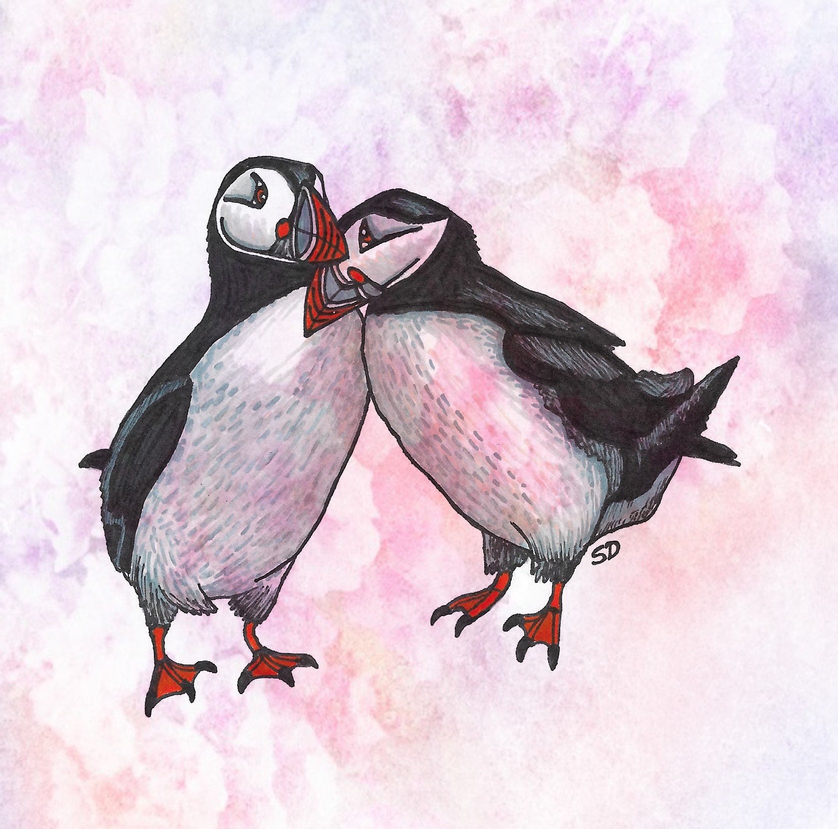 Original Art Puffins With Pink Sky - Etsy