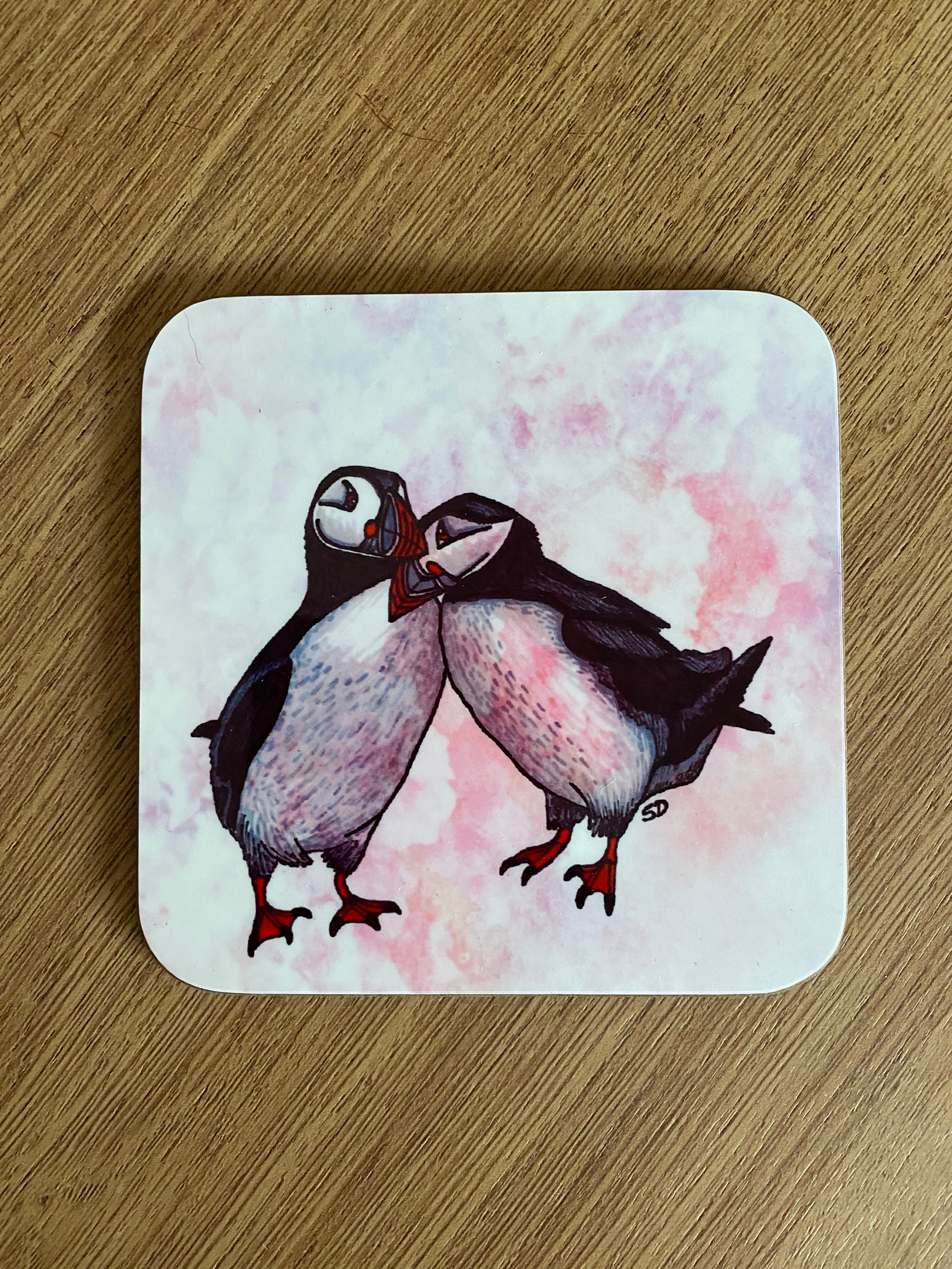 Original Art Puffins With Pink Sky Coaster - Etsy New Zealand
