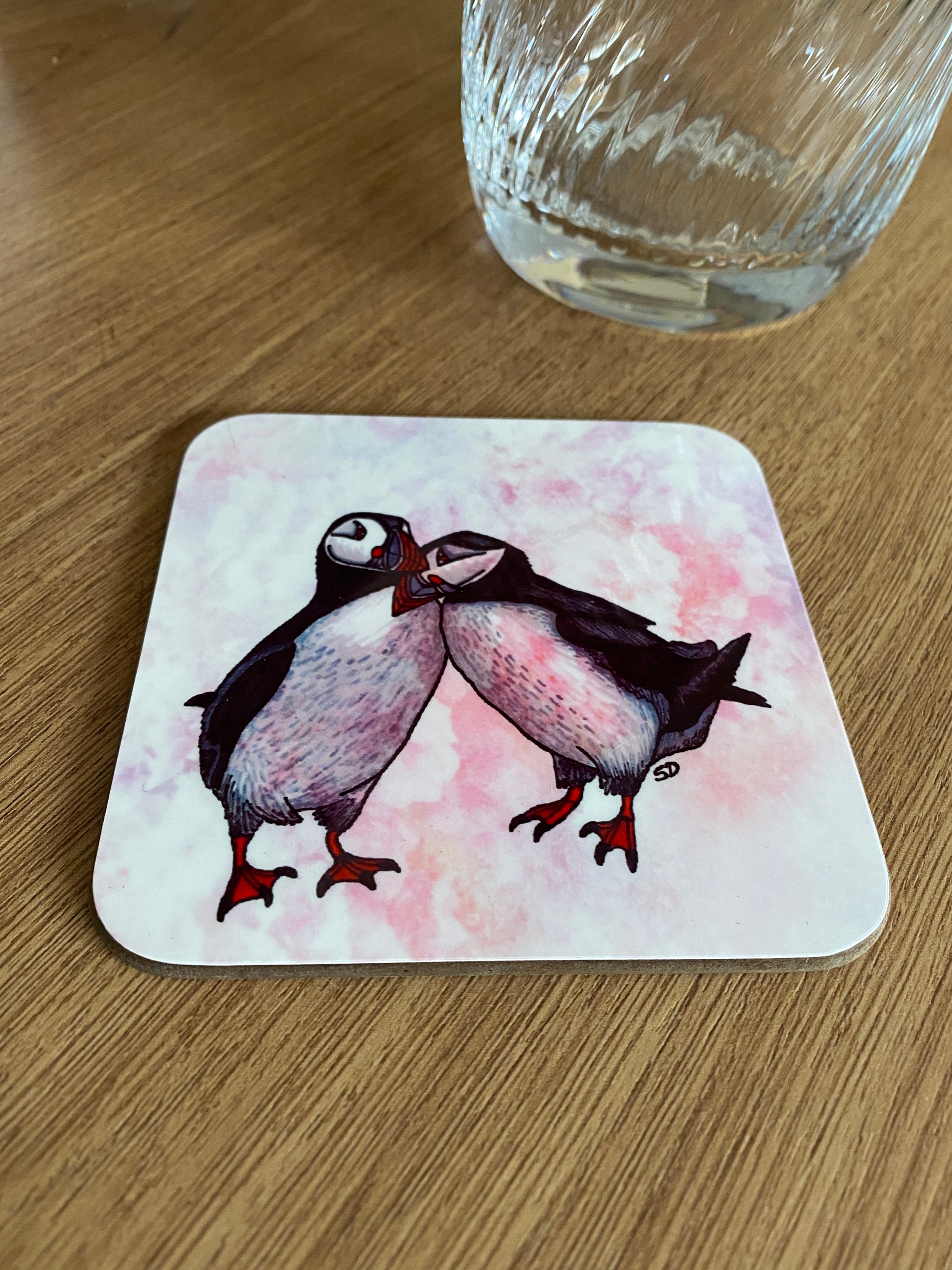 Original Art Puffins With Pink Sky Coaster - Etsy