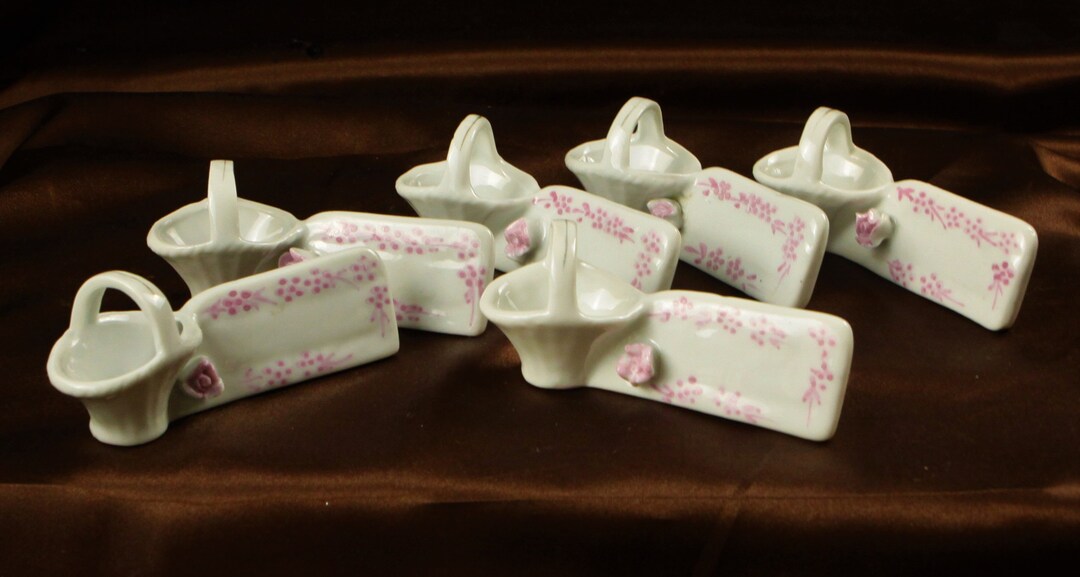 Six Vintage Ceramic Name Plates for Dinner Table or Brunch, Rose Motif ...