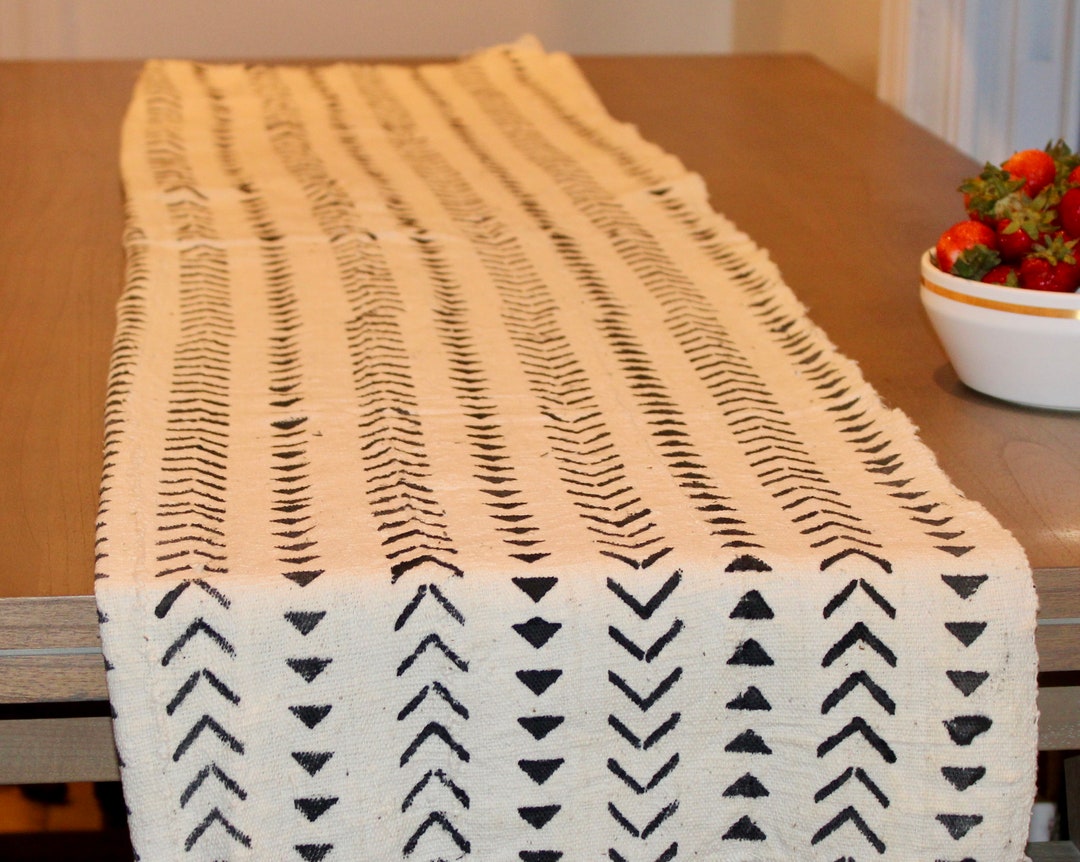Authentic White/black Mudcloth Table Runner African Bogolan Fabric Boho ...