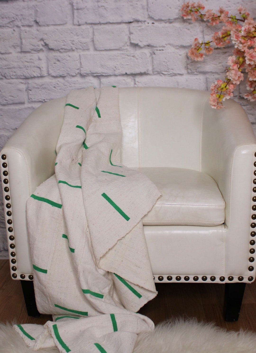Authentic African Mali White W/ Green Dashes Mudcloth Throw Blanket ...