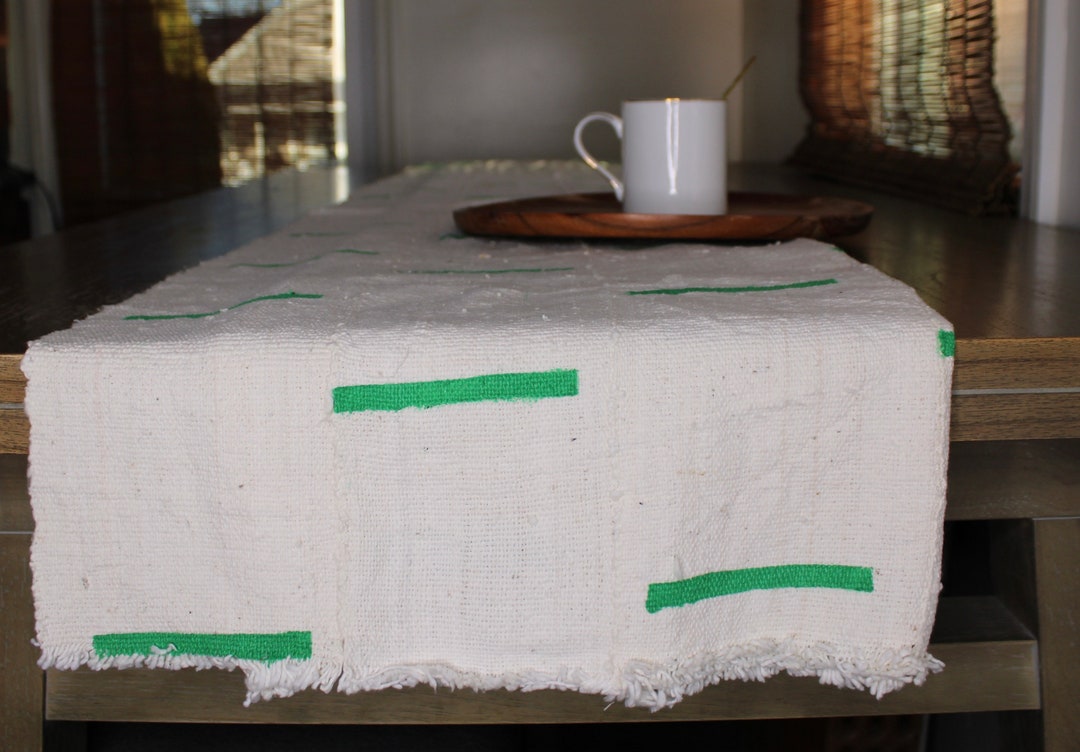Authentic White W/ Green Mud Cloth Table Runner-african Bogolan Fabric ...