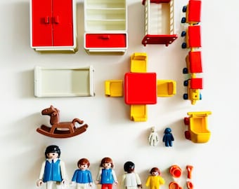 Vintage Playmobil Nursery Playroom 3290 Individual items cupboard shelves crib table chairs train adult figure