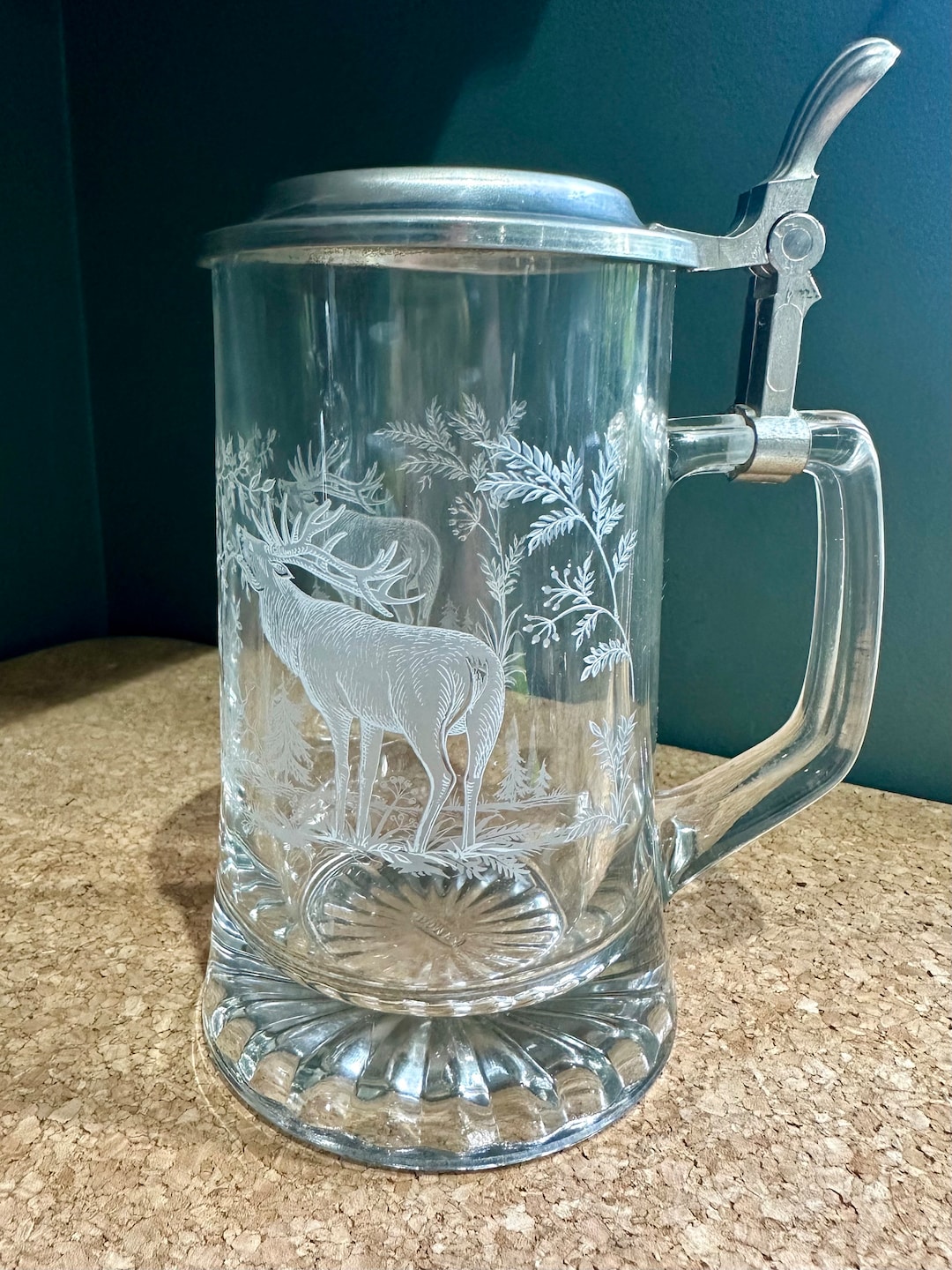 Vintage Domex Glass Stein / Tankard With Pewter Lid, Etched Deer / Stag ...