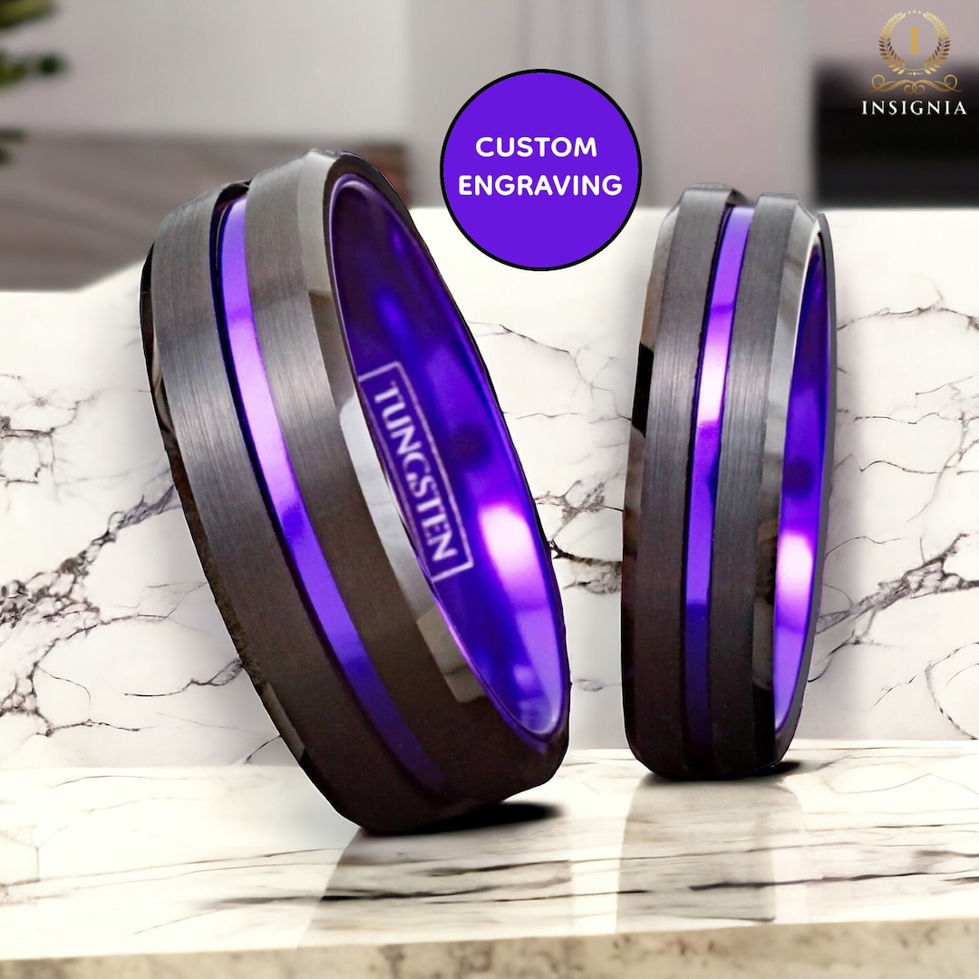 Wedding Couple Rings Custom Engraved Black & Purple Tungsten Couples ...