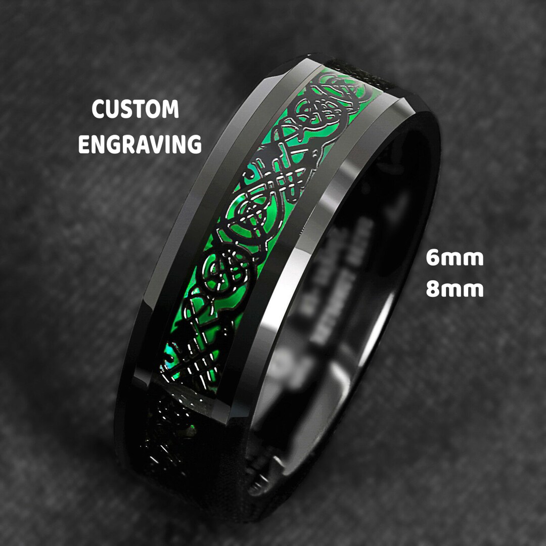 Carbon Fiber Celtic Dragon Wedding Couple Rings Custom Engraved green ...