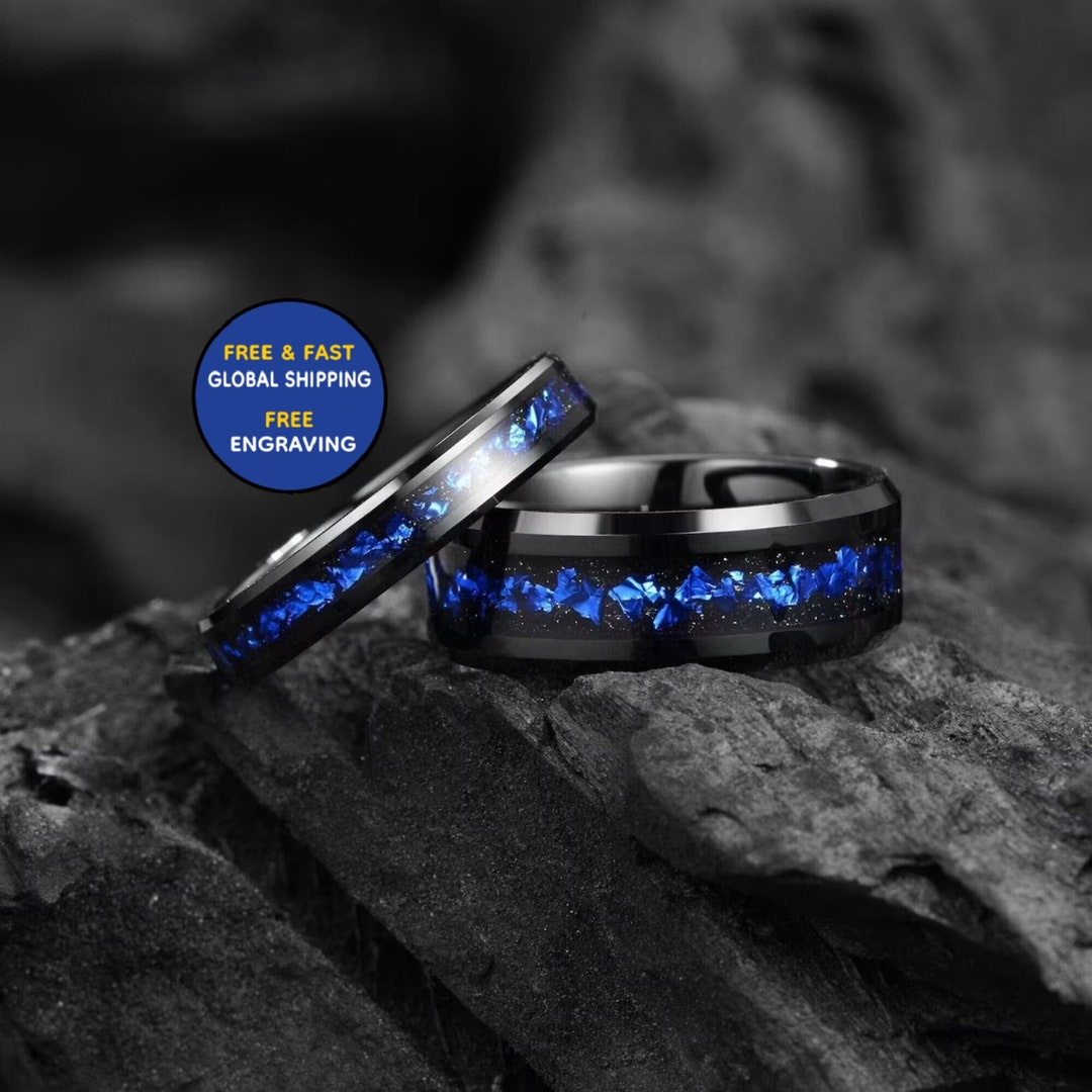 Galaxy Meteorite & Blue Nebula His and Hers Wedding Bands 4mm/ 8 mm ...