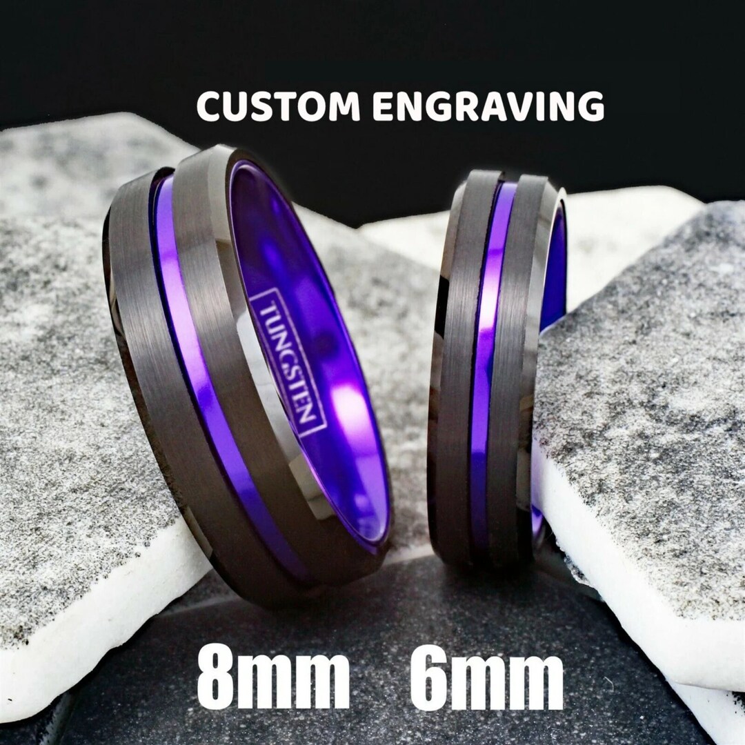Wedding Couple Rings Custom Engraved Black & Purple Tungsten Couples ...