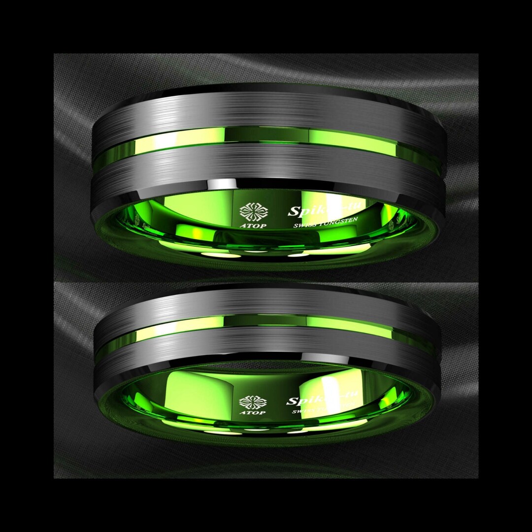Black Tungsten Ring With Green Aluminium Line Wedding Band Set His and ...