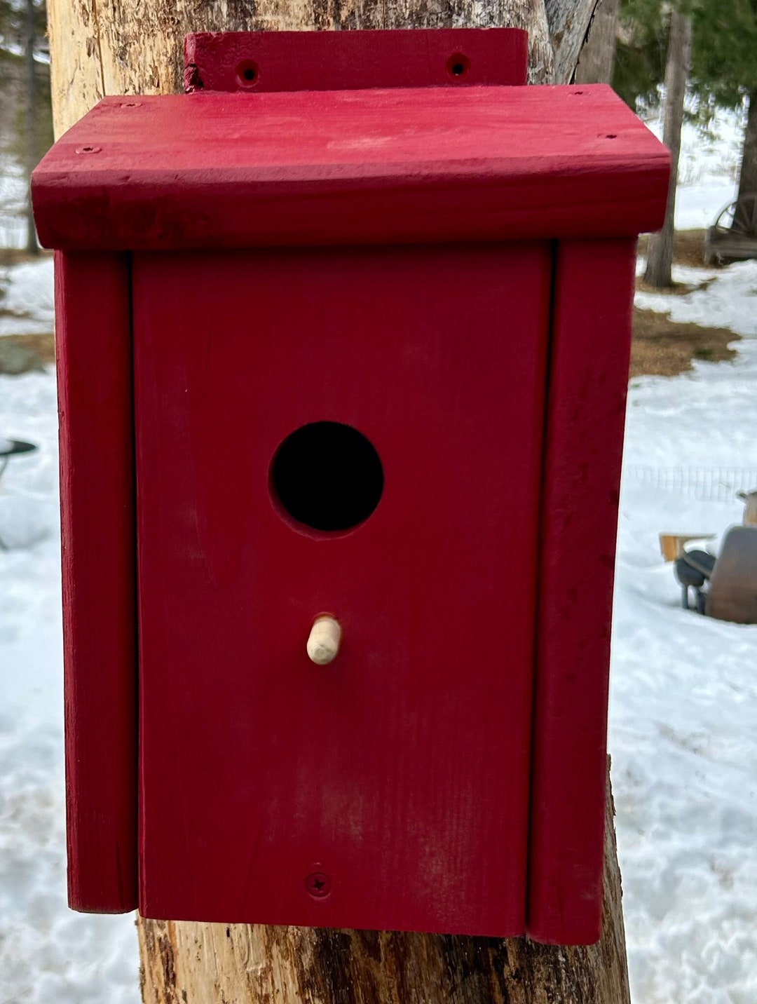 Handcrafted PINE Wood BIRDHOUSE Painted RED/ Pine Log / Hollow Log ...