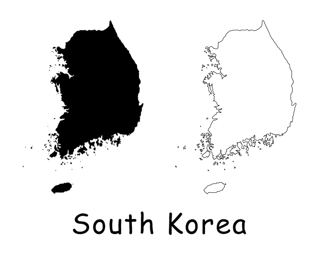 Map of South Korea, Korean Map, Black and White Detailed Solid Outline ...