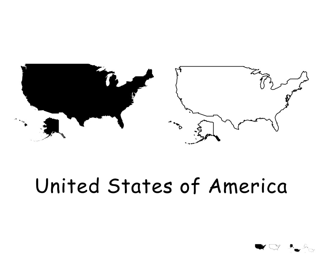United States of America Map, Black White Detailed Solid Line Border ...
