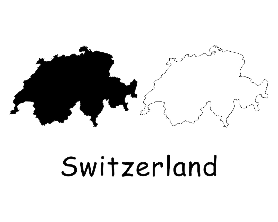 Map of Switzerland, Swiss Map, Black White Detailed Solid Line Boundary ...